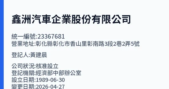 鑫洲汽車企業股份有限公司的照片-統編 23367681(彰化縣) 公司登記資料與營業項目詳細圖表