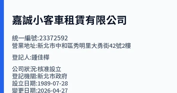 嘉誠小客車租賃有限公司的照片-統編 23372592(新北市) 公司登記資料與營業項目詳細圖表