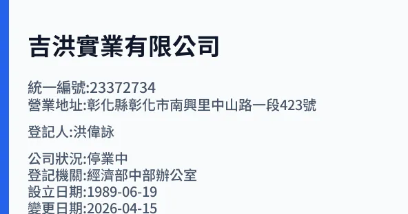 吉洪實業有限公司的照片-統編 23372734(彰化縣) 公司登記資料與營業項目詳細圖表