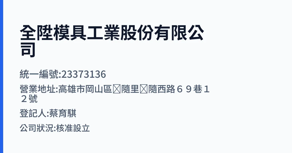 全陞模具工業股份有限公司 - 統編 23373136(高雄市) 公司登記資料與營業項目詳細圖表