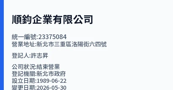 順鈞企業有限公司的照片-統編 23375084(新北市) 公司登記資料與營業項目詳細圖表