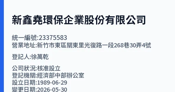 新鑫堯環保企業股份有限公司的照片-統編 23375583(新竹市) 公司登記資料與營業項目詳細圖表