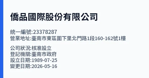 僑品國際股份有限公司的照片-統編 23378287(臺南市) 公司登記資料與營業項目詳細圖表