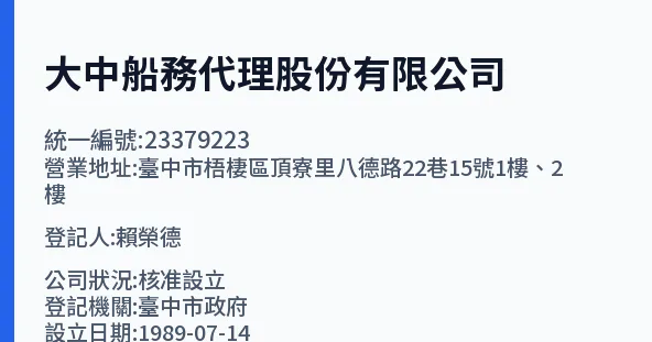 大中船務代理股份有限公司的照片-統編 23379223(臺中市) 公司登記資料與營業項目詳細圖表