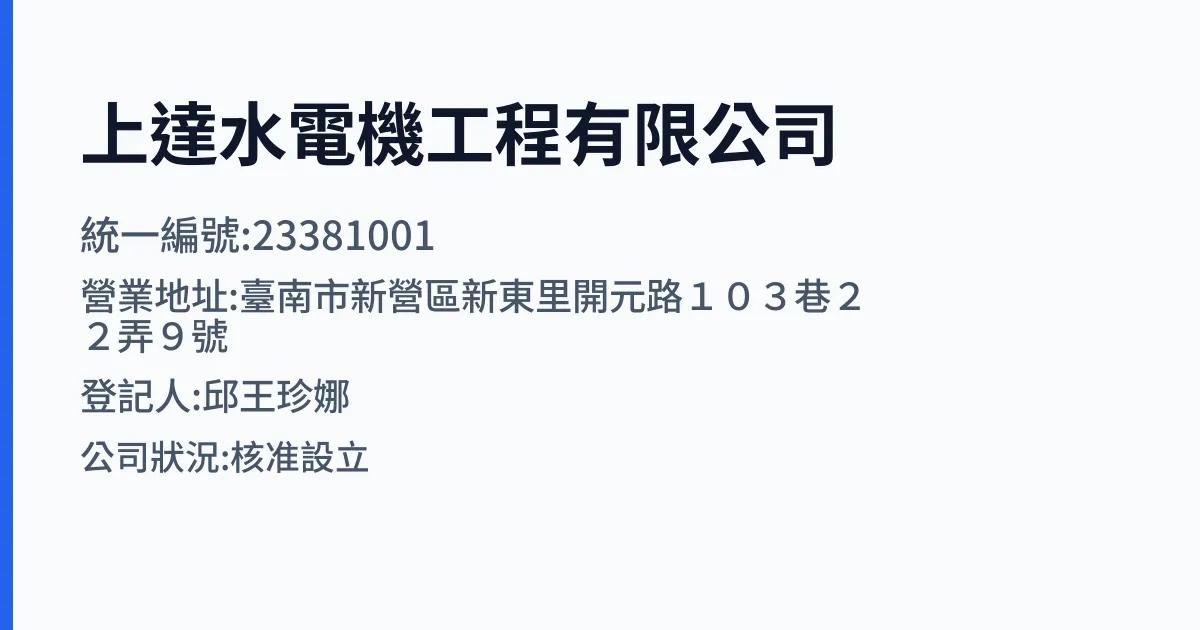 上達水電機工程有限公司 - 統編 23381001（臺南市） 公司登記資料與營業項目詳細圖表