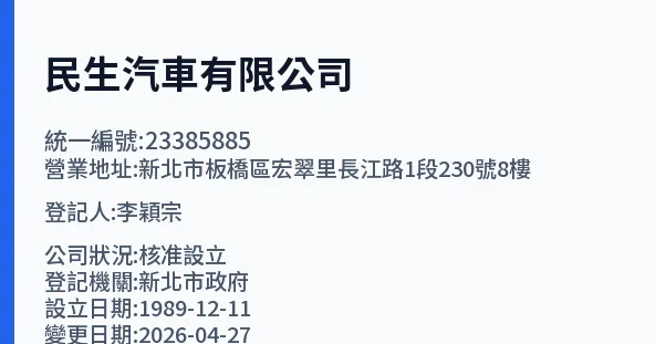 民生汽車有限公司的照片-統編 23385885(新北市) 公司登記資料與營業項目詳細圖表
