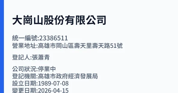 大崗山股份有限公司的照片-統編 23386511(高雄市) 公司登記資料與營業項目詳細圖表