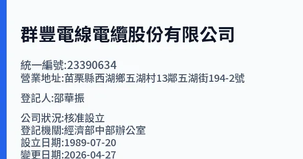 群豐電線電纜股份有限公司的照片-統編 23390634(苗栗縣) 公司登記資料與營業項目詳細圖表