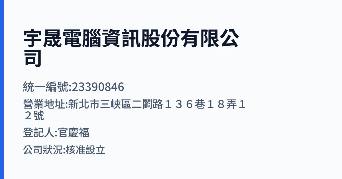 宇晟電腦資訊股份有限公司 - 統編 23390846(新北市) 公司登記資料與營業項目詳細圖表
