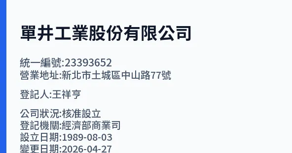 單井工業股份有限公司的照片-統編 23393652(新北市) 公司登記資料與營業項目詳細圖表