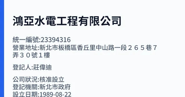 鴻亞水電工程有限公司的照片-統編 23394316(新北市) 公司登記資料與營業項目詳細圖表