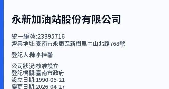 永新加油站股份有限公司的照片-統編 23395716(臺南市) 公司登記資料與營業項目詳細圖表