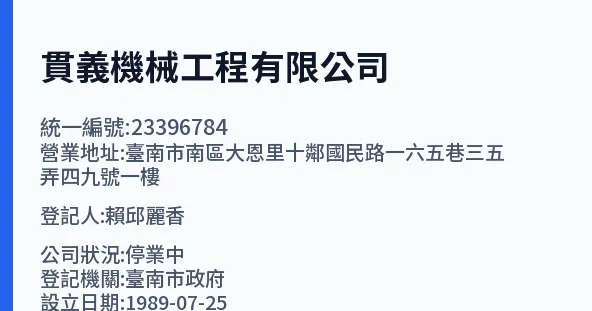 貫義機械工程有限公司的照片-統編 23396784(臺南市) 公司登記資料與營業項目詳細圖表