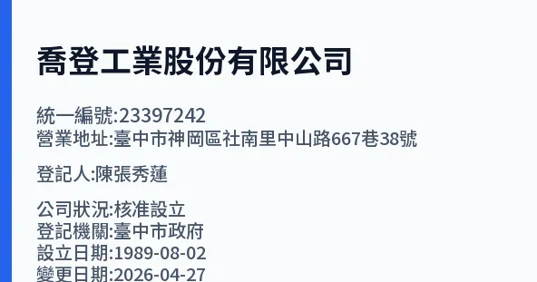 喬登工業股份有限公司的照片-統編 23397242(臺中市) 公司登記資料與營業項目詳細圖表