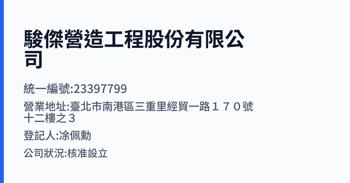 駿傑營造工程股份有限公司 - 統編 23397799(臺北市) 公司登記資料與營業項目詳細圖表