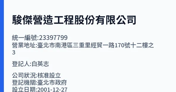 駿傑營造工程股份有限公司的照片-統編 23397799(臺北市) 公司登記資料與營業項目詳細圖表