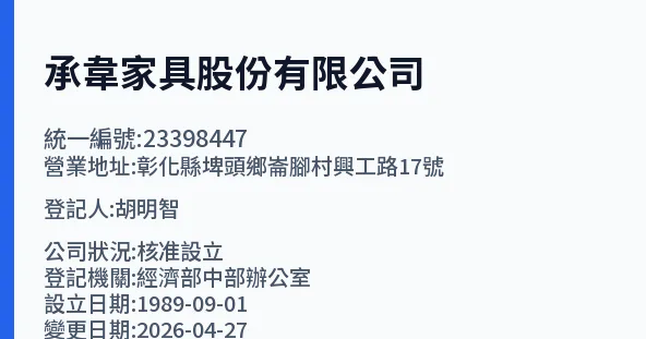 承韋家具股份有限公司的照片-統編 23398447(彰化縣) 公司登記資料與營業項目詳細圖表