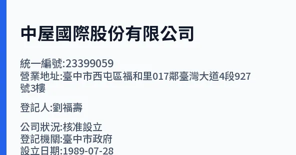 中屋國際股份有限公司的照片-統編 23399059(臺中市) 公司登記資料與營業項目詳細圖表