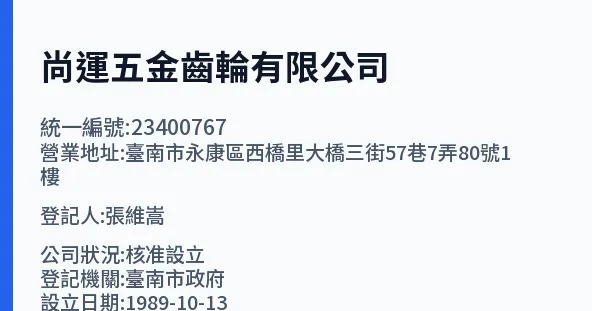 尚運五金齒輪有限公司的照片-統編 23400767(臺南市) 公司登記資料與營業項目詳細圖表