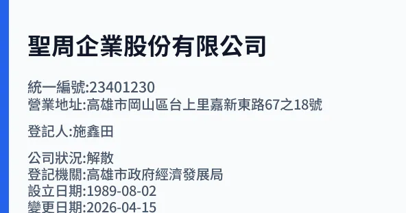 聖周企業股份有限公司的照片-統編 23401230(高雄市) 公司登記資料與營業項目詳細圖表