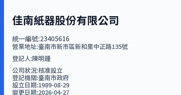 佳南紙器股份有限公司的照片-統編 23405616(臺南市) 公司登記資料與營業項目詳細圖表