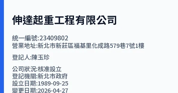 伸達起重工程有限公司的照片-統編 23409802(新北市) 公司登記資料與營業項目詳細圖表