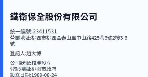 鐵衛保全股份有限公司的照片-統編 23411531(桃園市) 公司登記資料與營業項目詳細圖表