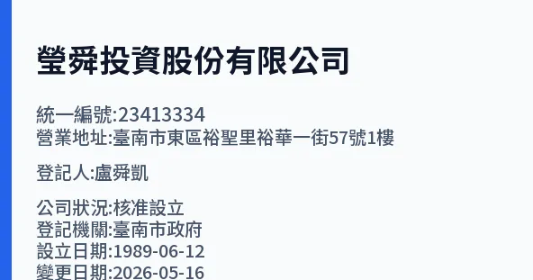瑩舜投資股份有限公司的照片-統編 23413334(臺南市) 公司登記資料與營業項目詳細圖表