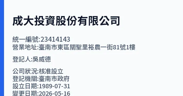 成大投資股份有限公司的照片-統編 23414143(臺南市) 公司登記資料與營業項目詳細圖表