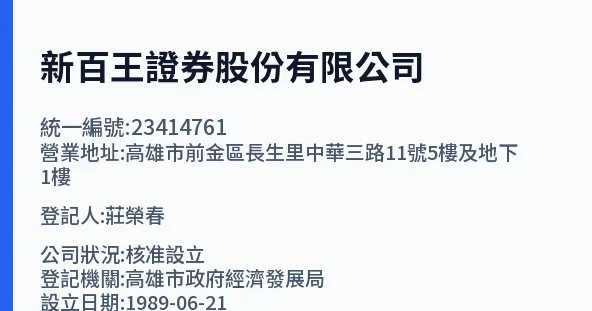 新百王證券股份有限公司的照片-統編 23414761(高雄市) 公司登記資料與營業項目詳細圖表