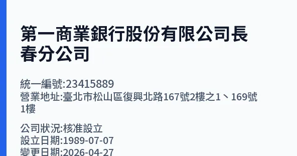 第一商業銀行股份有限公司長春分公司的照片-統編 23415889(臺北市) 公司登記資料與營業項目詳細圖表