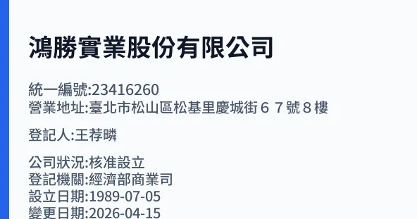 鴻勝實業股份有限公司的照片-統編 23416260(臺北市) 公司登記資料與營業項目詳細圖表