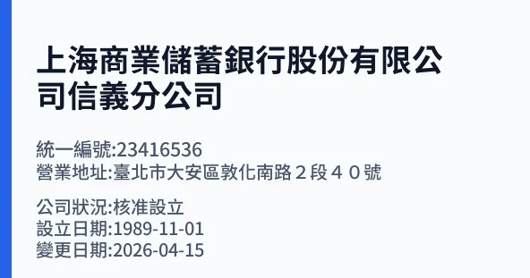 上海商業儲蓄銀行股份有限公司信義分公司的照片-統編 23416536(臺北市) 公司登記資料與營業項目詳細圖表