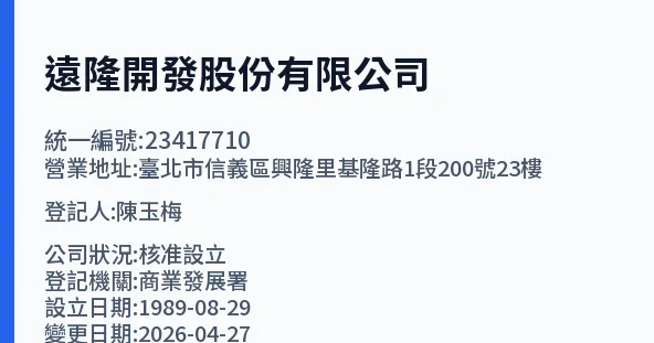 遠隆開發股份有限公司的照片-統編 23417710(臺北市) 公司登記資料與營業項目詳細圖表