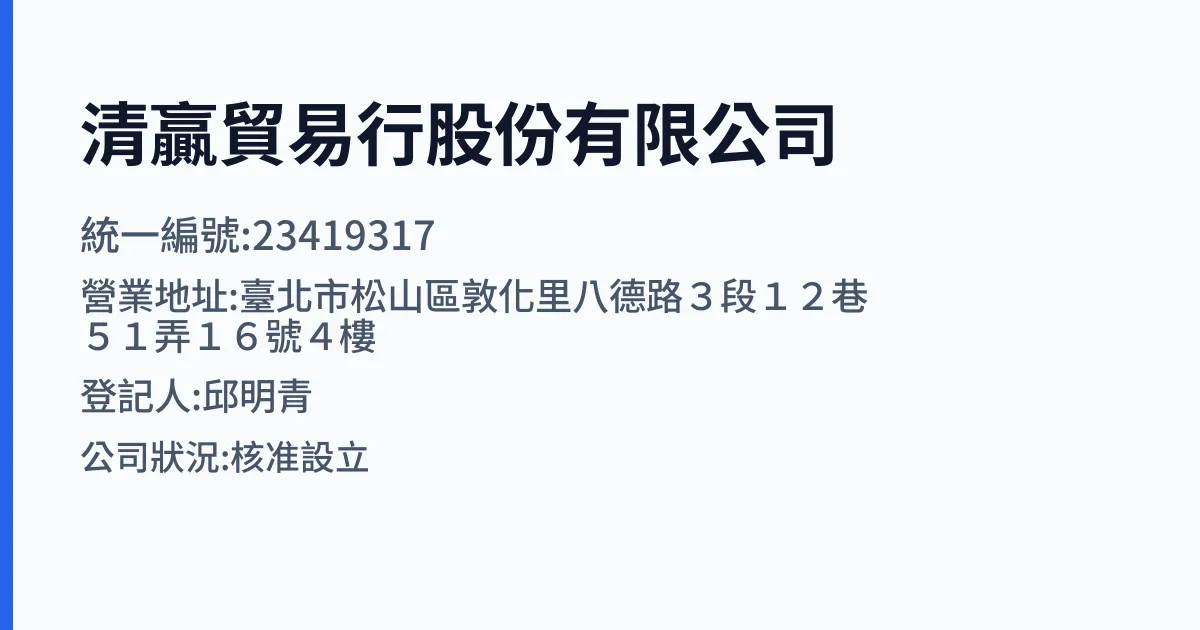 清贏貿易行股份有限公司 - 統編 23419317(臺北市) 公司登記資料與營業項目詳細圖表