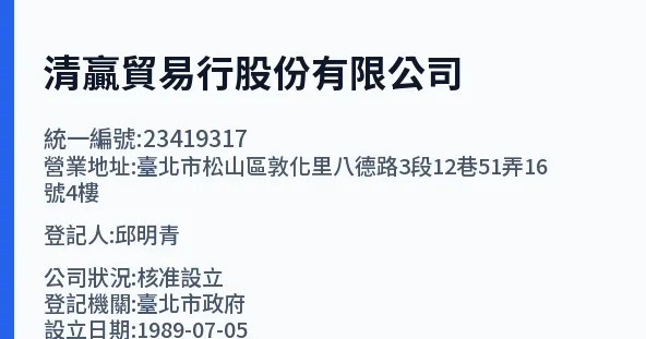 清贏貿易行股份有限公司的照片-統編 23419317(臺北市) 公司登記資料與營業項目詳細圖表