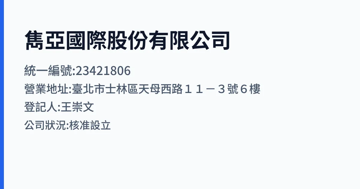 雋亞國際股份有限公司 - 統編 23421806(臺北市) 公司登記資料與營業項目詳細圖表