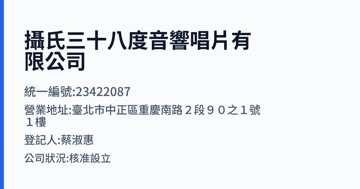 攝氏三十八度音響唱片有限公司 - 統編 23422087(臺北市) 公司登記資料與營業項目詳細圖表