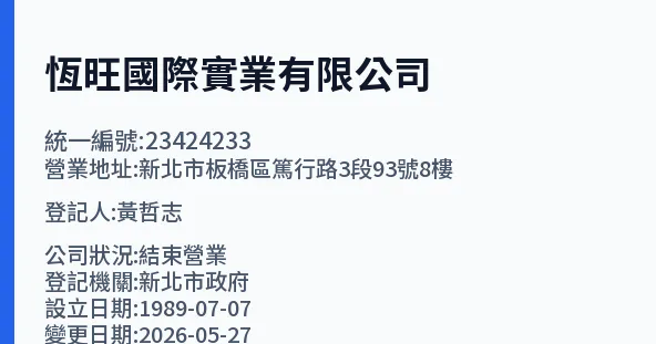 恆旺國際實業有限公司的照片-統編 23424233(新北市) 公司登記資料與營業項目詳細圖表