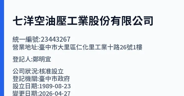 七洋空油壓工業股份有限公司的照片-統編 23443267(臺中市) 公司登記資料與營業項目詳細圖表