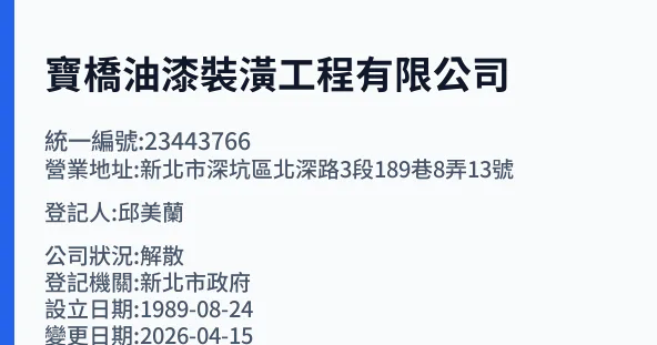 寶橋油漆裝潢工程有限公司的照片-統編 23443766(新北市) 公司登記資料與營業項目詳細圖表