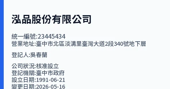 泓品股份有限公司的照片-統編 23445434(臺中市) 公司登記資料與營業項目詳細圖表