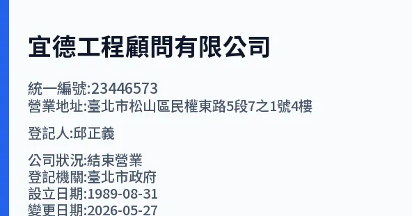 宜德工程顧問有限公司的照片-統編 23446573(臺北市) 公司登記資料與營業項目詳細圖表