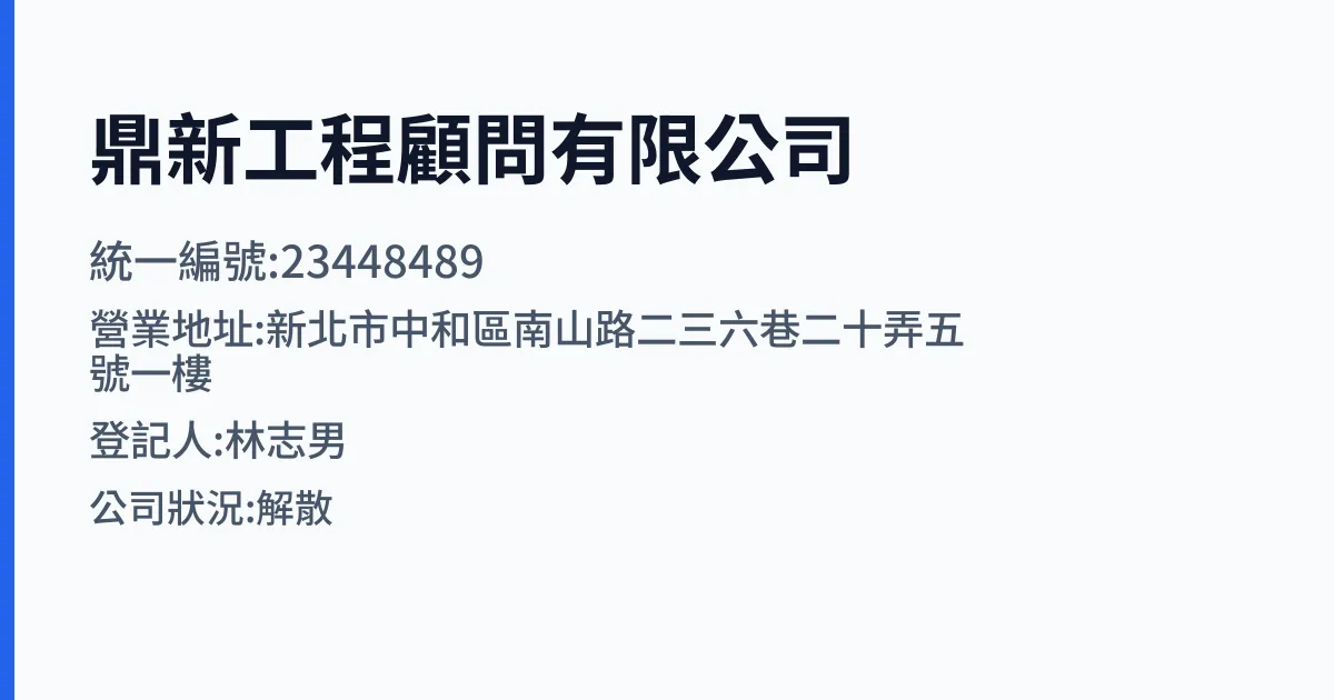 鼎新工程顧問有限公司 - 統編 23448489(新北市) 公司登記資料與營業項目詳細圖表