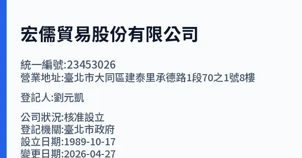 宏儒貿易股份有限公司的照片-統編 23453026(臺北市) 公司登記資料與營業項目詳細圖表
