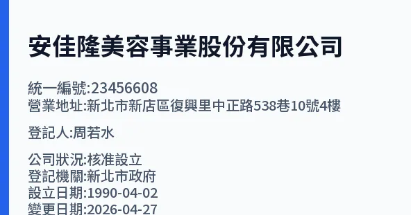 安佳隆美容事業股份有限公司的照片-統編 23456608(新北市) 公司登記資料與營業項目詳細圖表