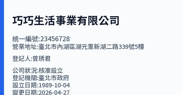 巧巧生活事業有限公司的照片-統編 23456728(臺北市) 公司登記資料與營業項目詳細圖表