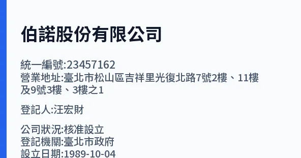 伯諾股份有限公司的照片-統編 23457162(臺北市) 公司登記資料與營業項目詳細圖表