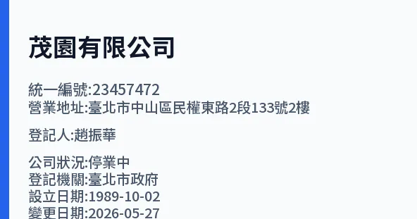 茂園有限公司的照片-統編 23457472(臺北市) 公司登記資料與營業項目詳細圖表