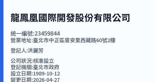 龍鳳凰國際開發股份有限公司的照片-統編 23459844(臺北市) 公司登記資料與營業項目詳細圖表